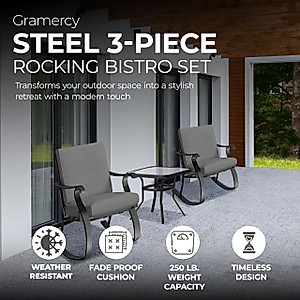 Four Seasons Courtyard Gramercy 3 Piece Cushioned Rocking Chairs Outdoor Backyard Patio Furniture Bistro Set with Square Side Table, Charcoal Gray