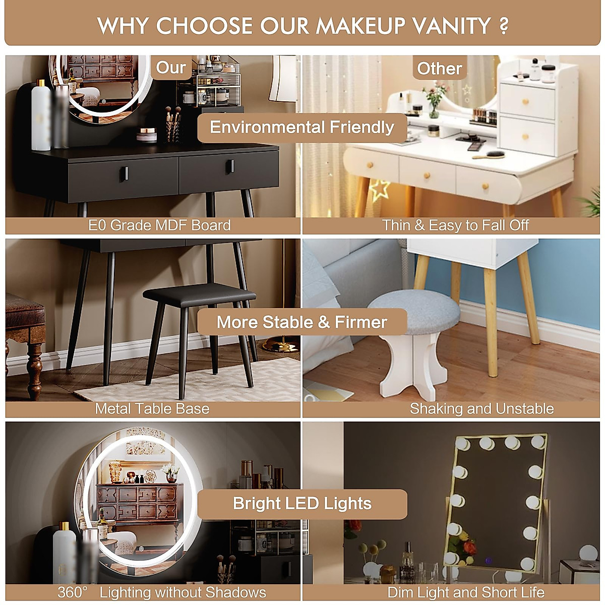 DOLILO 35" Vanity Desk with Mirror and Lights, Makeup Vanity with Lights, 3 Modes Brightness Adjustable, Vanity Mirror with Lights and Table Set with Vanity Stool 3 Sliding Drawers (Black)