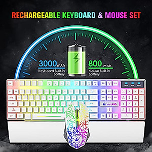 Rechargeable Wireless Keyboard and Mouse Combo with Wrist Rest Rainbow Backlight Mechanical Feel Gaming Keyboard RGB Crack Gamer Mouse Large Mice Pad for Windows PC and Desktop
