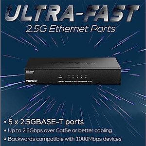 TRENDnet 5-Port Unmanaged 2.5G Gaming Switch, 5 x 2.5GBASE-T Ports, 25Gbps Switching Capacity, Backwards Compatible with 1000Mbps Devices, Fanless, Wall Mountable, Lifetime Protection, Black,TEG-S350