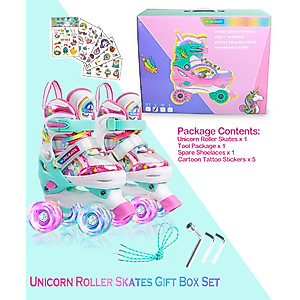 Rainbow Unicorn Kids Roller Skates for Girls Boys Toddler Ages 3-6,4-Pejiijar Adjustable Roller Shoes with Luminous Wheels for Birthday Xmas Gifts (Green, Small(10-13J))