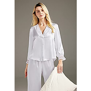 AW BRIDAL 2Pcs Comfy Womens Loungewear Set Pj Set V-Ncek Silk Pajamas For Women, Long Satin Pajamas Women, White, L| Bridal Party Pajamas Bride Gifts Bridesmaid Gifts For Wedding Day