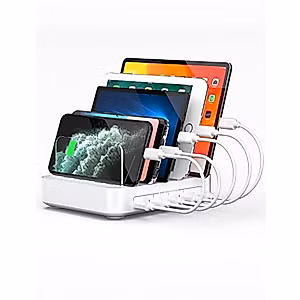Charging Station for Multiple Devices - 5 in 1 Charging Dock Built-in AC Adapter with 5 USB Fast Ports and 8 Short Cables Charging Stand for iWatch, Airpods, Cell Phones, Smart Phones, Tablets (WHITE)