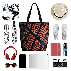 Basketball Ball Print Women's Canvas Tote Bag, Basketball Texture Shoulder Handbag Bags with Zip Large Beach Bag for School Shopping Business Work Travel