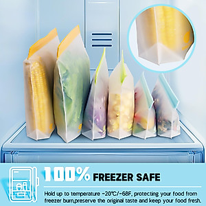 24 Pack Reusable Food Storage Bags,Leakproof Freezer Bags BPA Free Stand Up Sandwich Bags for Lunch Salad Fruit Travel,Dishwasher Safe(8 Gallon,8 Sandwich,8 Snack)