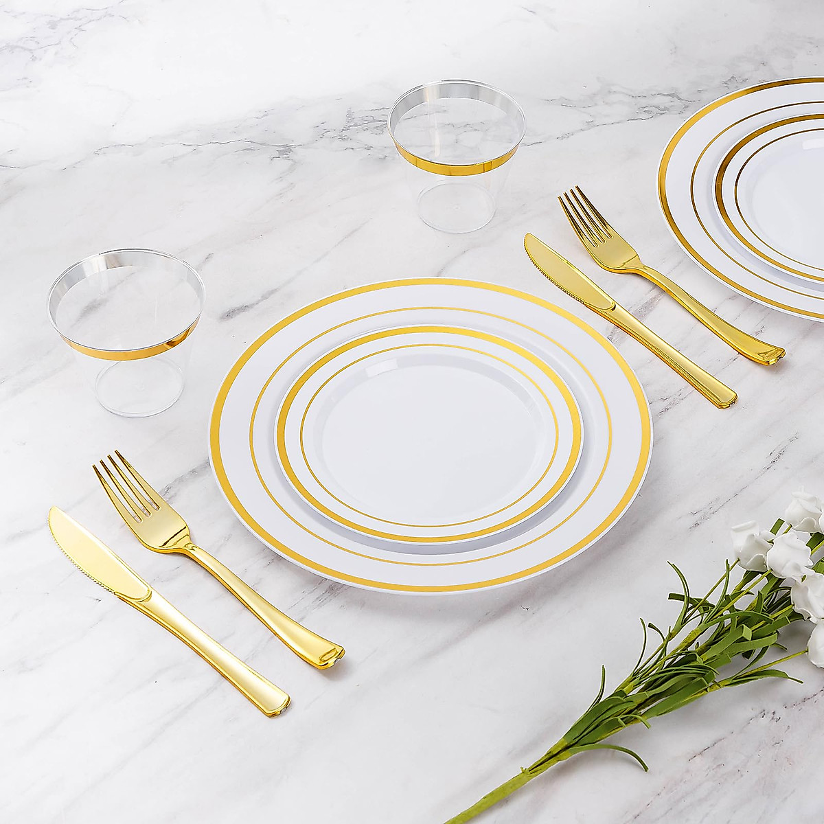 Goodluck 150 Pieces Gold Disposable Plates for 25 Guests, Plastic Party, Wedding, Dinnerware Set of Dinner Plates, Salad Spoons, Forks, Knives, Cups