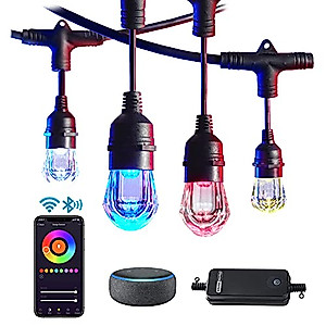 HVS Smart Outdoor String Lights LED 48Ft Color Changing RGBW Patio String Lights Infinite Connectable APP Control 2.4GHz WiFi Waterproof 24 Acrylic Work with Alexa Google for Party Outside Café