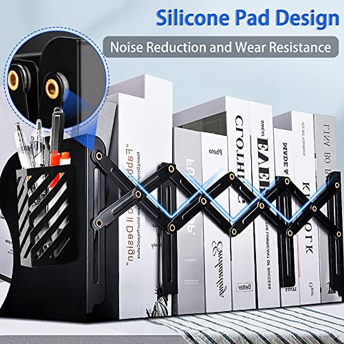 Heavy Duty Book Ends to Hold Books with Pen Holder, Adjustable Bookends, Metal Book Ends for Shelves, Black Book Holders Binder Organizer for Bookshelf Desk - Extends up to 19"