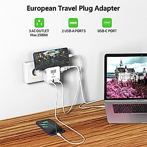 [2 Pack] European Travel Plug Adapter,HRpart International Power Adapter,with 20W PD3.0&QC3.0 Ports,High-Speed Charging for Mobile Phones,Travel Essentials from USA to Europe White