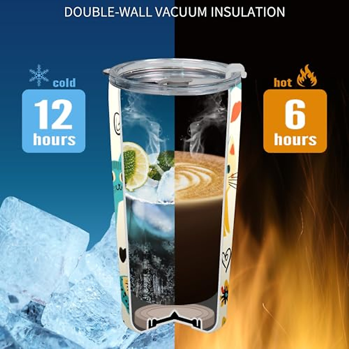 QWEUIOP 20oz Insulated Travel Coffee Mug Cute Cartoon Cats Stainless Steel Tumbler with Lid Double Wall Vacuum Coffee Cup For Hot and Cold Drinks14081