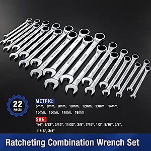 WORKPRO 22-Piece Ratcheting Combination Wrench Set, 72 Teeth, Combo Ratchet Wrenches Set with Organizer Box, Metric 6-18mm & SAE 1/4-3/4"