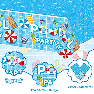 98 Pieces Pool Party Decorations Summer Beach Birthday Party Tablecloths Pool Surfboard Party Tableware Sets for Hawaiian Birthday Baby Shower Party Supplies Favors