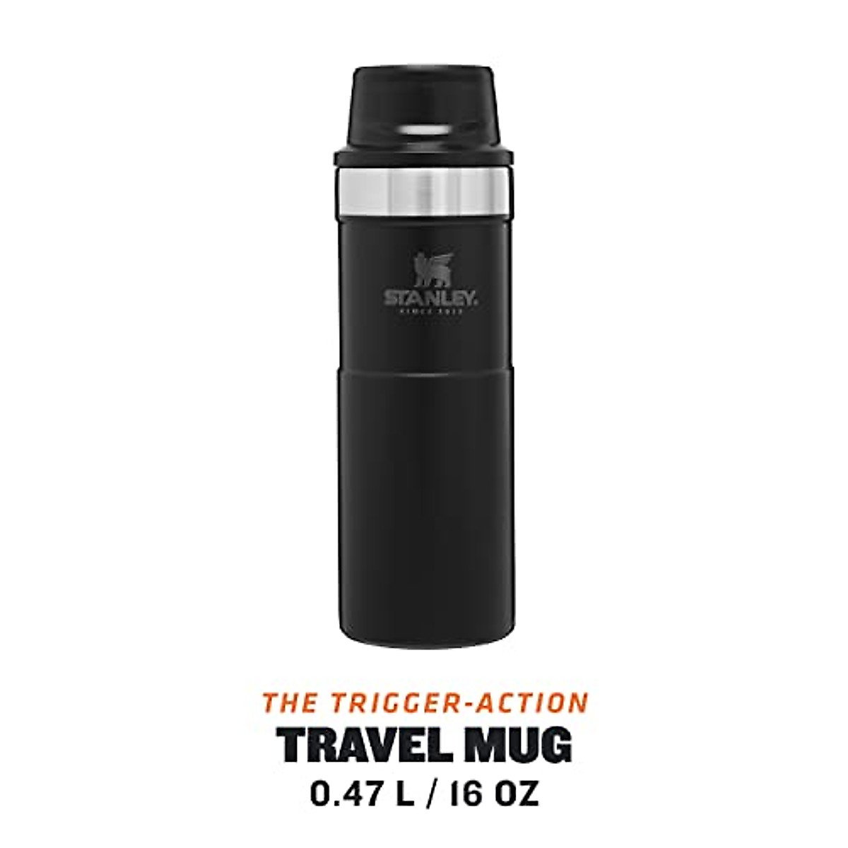 Stanley Trigger Action Travel Mug 0.47L Matt Black – Keeps Hot for 7 Hours - BPA-free Stainless Steel Thermos Travel Mug for Hot Drinks - Leakproof Reusable Coffee Cups