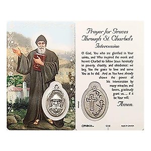 VILLAGE GIFT IMPORTERS Premium assorted Holy Cards with Medal | Catholic Saints and Prayers with medals (St. Charbel's Intercession)