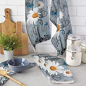 Big buy store Yellow Daisy Butterfly Floral Flowers Kitchen Dish Towels, Soft Lightweight Microfiber Absorbent Hand Towel Rustic Wood Plank Tea Towel for Kitchen Bathroom 18x28in