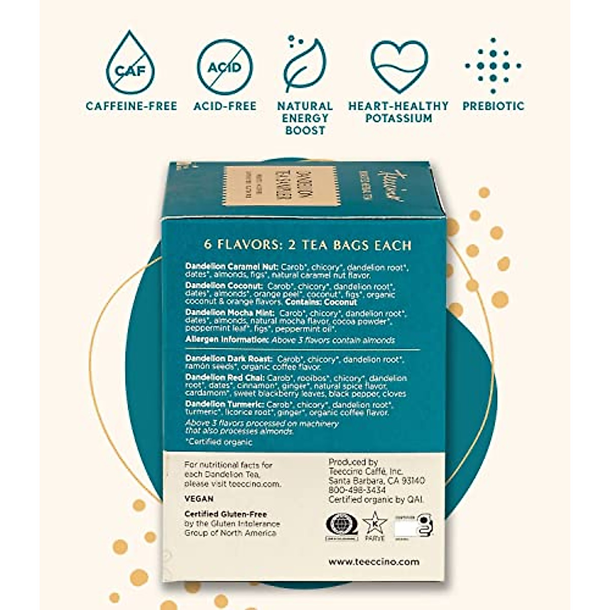 Teeccino Dandelion Tea Sampler – Caramel, Coconut, Dark Roast, Mocha Mint, Red Chai, Turmeric – Roasted Herbal Tea That’s Caffeine Free & Prebiotic with Detoxifying Dandelion, 12 Tea Bags