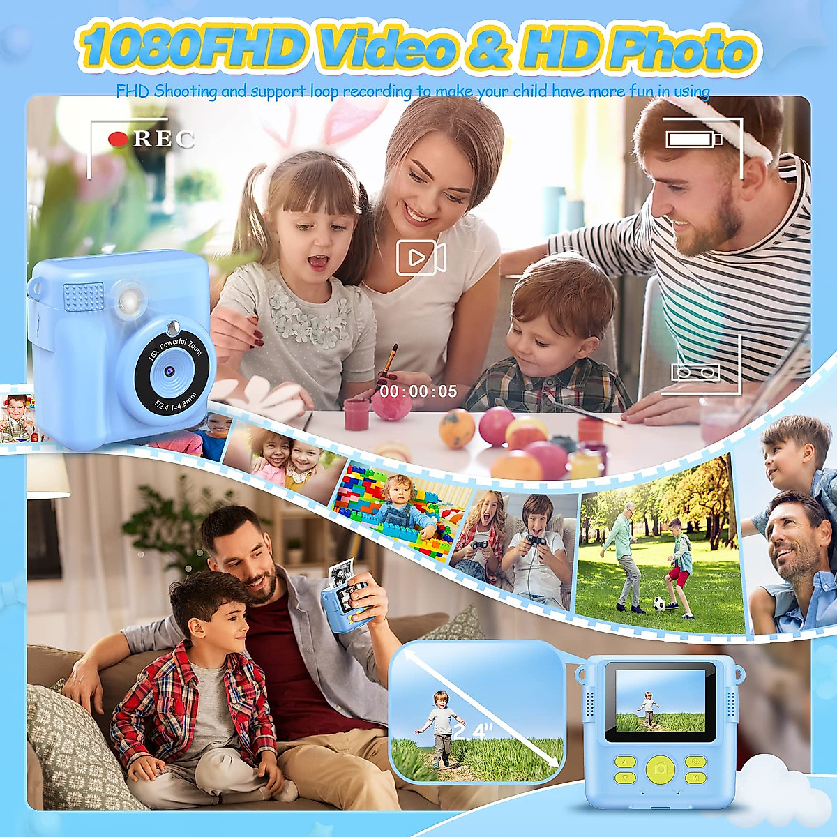 Instant Camera for Kids, 1080P Kids Camera Instant Print, 16x Digital Zoom, 2.4" Screen, 32GB Card, 3 Rolls of Print Paper, Digital Camera for Toddler with Storage Bag Ideal Toy for Girls Boys 3-12
