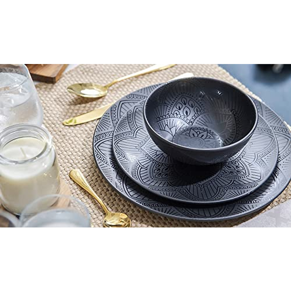 bzyoo BPA-Free Dishwasher Safe 100% Melamine Plastic Plate & Bowl Set Casual dining Indoor and Outdoor Dining Party Environmental Friendly (12 PCS set, Service for 4, La la Mandala -black)