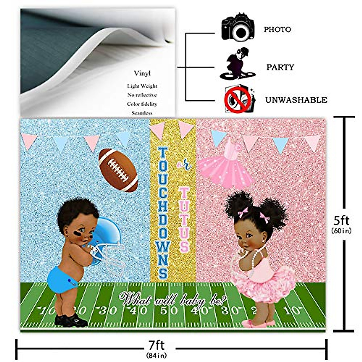 Avezano Touchdowns or Tutus Gender Reveal Backdrop Boy or Girl He or She Gender Reveal Party Decorations Photography Background Glitter Pink or Blue Baby Reveal Party Banner Photoshoot (7x5ft)