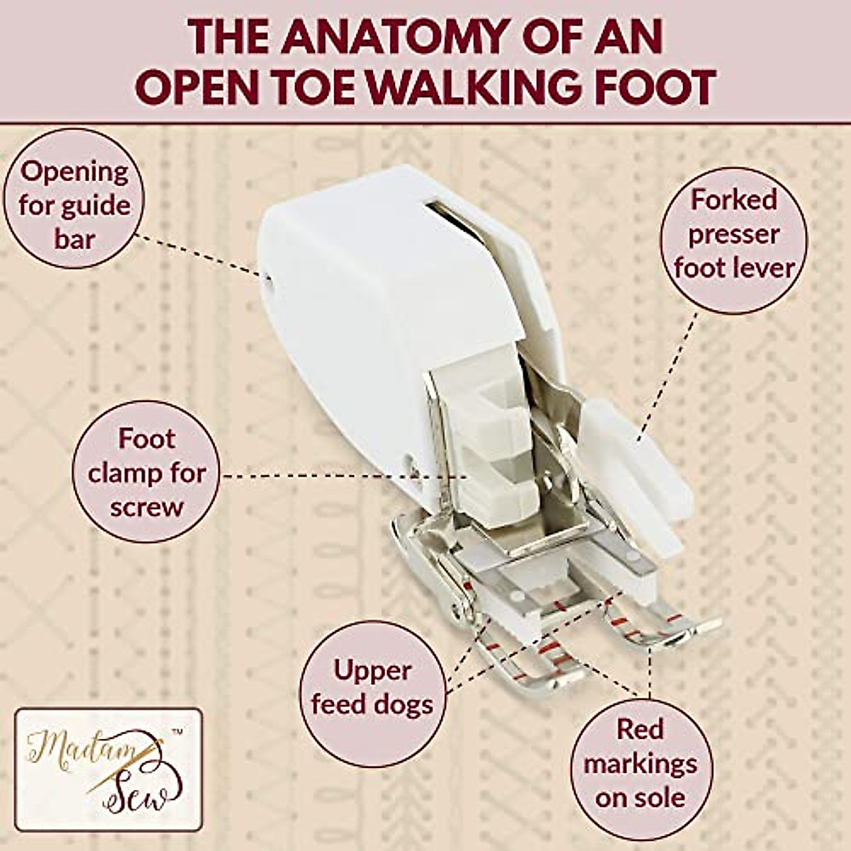 Madam Sew Open Toe Walking Foot for Quilting and Sewing | Stitch Through Multiple Layers and Match Prints | Compatible with Low-Shank Sewing Machine | Brother, Singer, Janome, Babylock & More