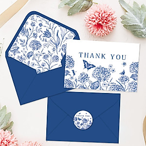 Whaline 24Pcs Blue Floral Thank You Cards with Envelopes and Stickers Blue Flower Butterfly Greeting Cards Vintage Blank Note Cards for Wedding Bridal Baby Shower