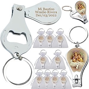 Personalized Engraved Baptism Keychains (12 PCS) - Baby Angel Key Ring with Nail Clipper and Bottle Opener Party Favors for Baby Boys and Girls Recuerdos Bautizo Customized Gift for Guest