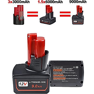 CHAUNVEN Battery 12V 9.0Ah M12 Battery Replacement for Milwaukee M12 Battery 48-11-2440 48-11-2402 48-11-2411 fit M12 12-Volt Cordless Tools 2 Pack