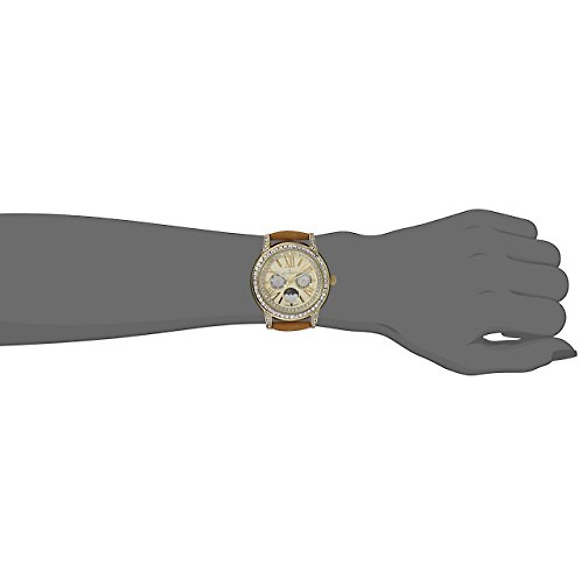 Peugeot Women Crystal Bezel Dress Watch, Day Date Moon Phase Function & Mother of Peal Dial with Roman Numeral, Brown Suede Strap