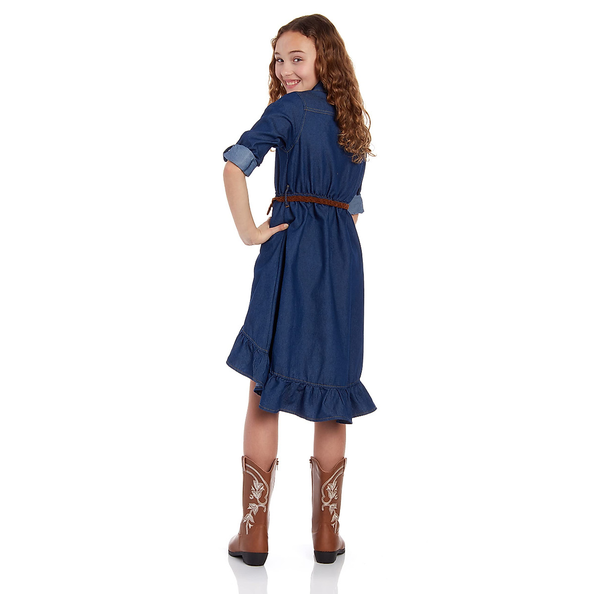 dollhouse Girls' Denim Casual Dress - Long Sleeve Jean Dress for Girls - Winter Holiday Dresses for Girls (7-16), Size 10-12, Dark