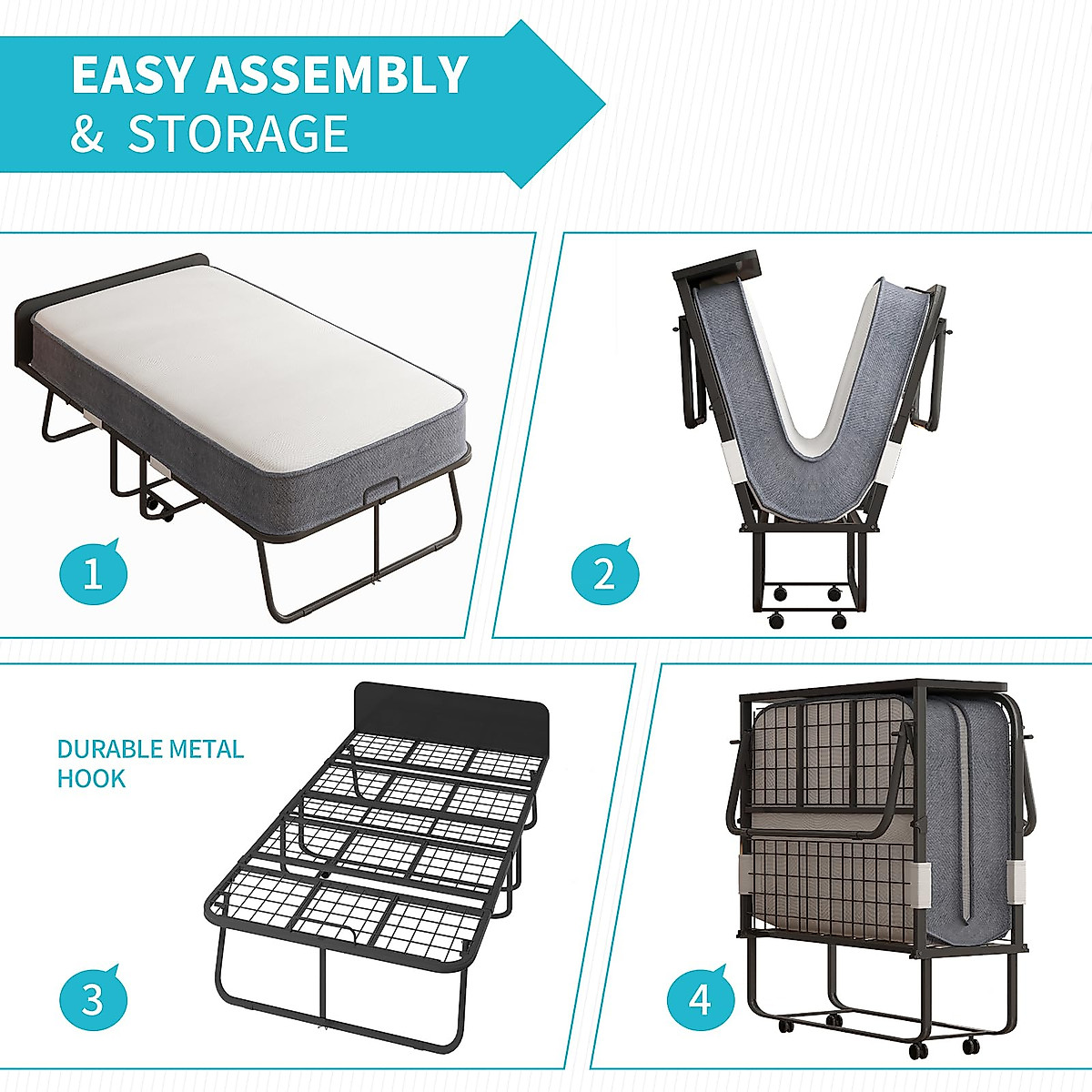 CECER Rollaway Bed with 5 Inch Foam Mattress, 75" x 31" Folding Bed, Cot Size Space-Saving Guest Bed with Headboard, Portable Foldable Bed for Adults with Sturdy Metal Frame and Dust Cover