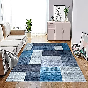Zacoo Modern Geometric Area Rug, Contemporary Distressed Boxes Design Non-Shedding Living Room Bedroom Dining Home Office Area Rug Thin Lightweight Non-Slip Washable Rug Carpet Blue 4x6 FT