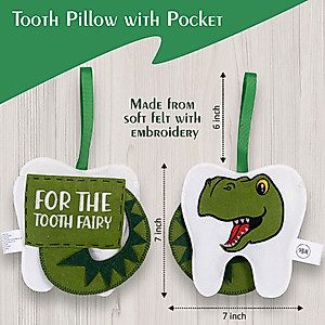 Dinosaur Tooth Fairy Pillow Boy-Tooth fairy kit w/Notepad & Keepsake Photo Pouch-Felt Tooth Fairy Box - Dear Tooth Fairy Notepad - Keepsake Tooth fairy Pouch for Teeth - Tooth Fairy Pillow boy & Girls