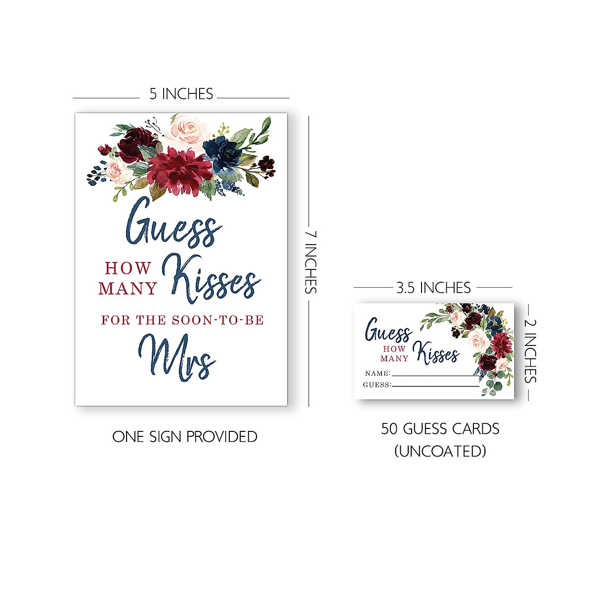 Your Main Event Prints Burgundy and Navy How Many Kisses Game Sign and Cards Great for Bridal Showers and Weddings, Neutral Floral