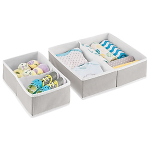 mDesign Fabric Drawer Organizer Bins, Kids/Baby Nursery Dresser, Closet, Shelf, Playroom Organization, Hold Clothes, Toys, Diapers, Blankets, Jane Collection, Set of 2, 4 Pack, Light Gray/White