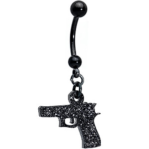 Body Candy Black Glitter Gun Dangle Belly Button Ring