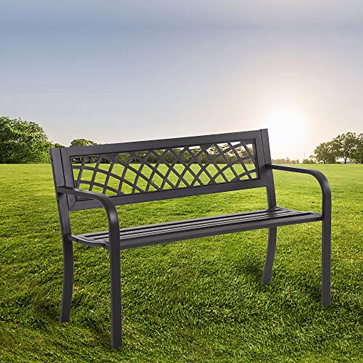 Garden Bench Outdoor Metal Park Benches Cast-Iron Patio Bench with Mesh Pattern Plastic Backrest Armrests for Patio Park Lawn Yard,Black