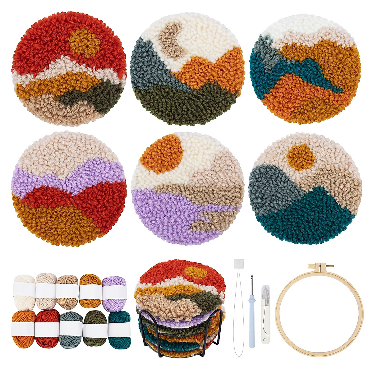 Temlum Punch Needle Coasters Kit, Punch Needle Embroidery Kit for Beginners and Adults Including Patterns, Tools, Yarns, Hoop, Instruction, Coaster Holder Coaster Art Craft Supplies (Landscape)