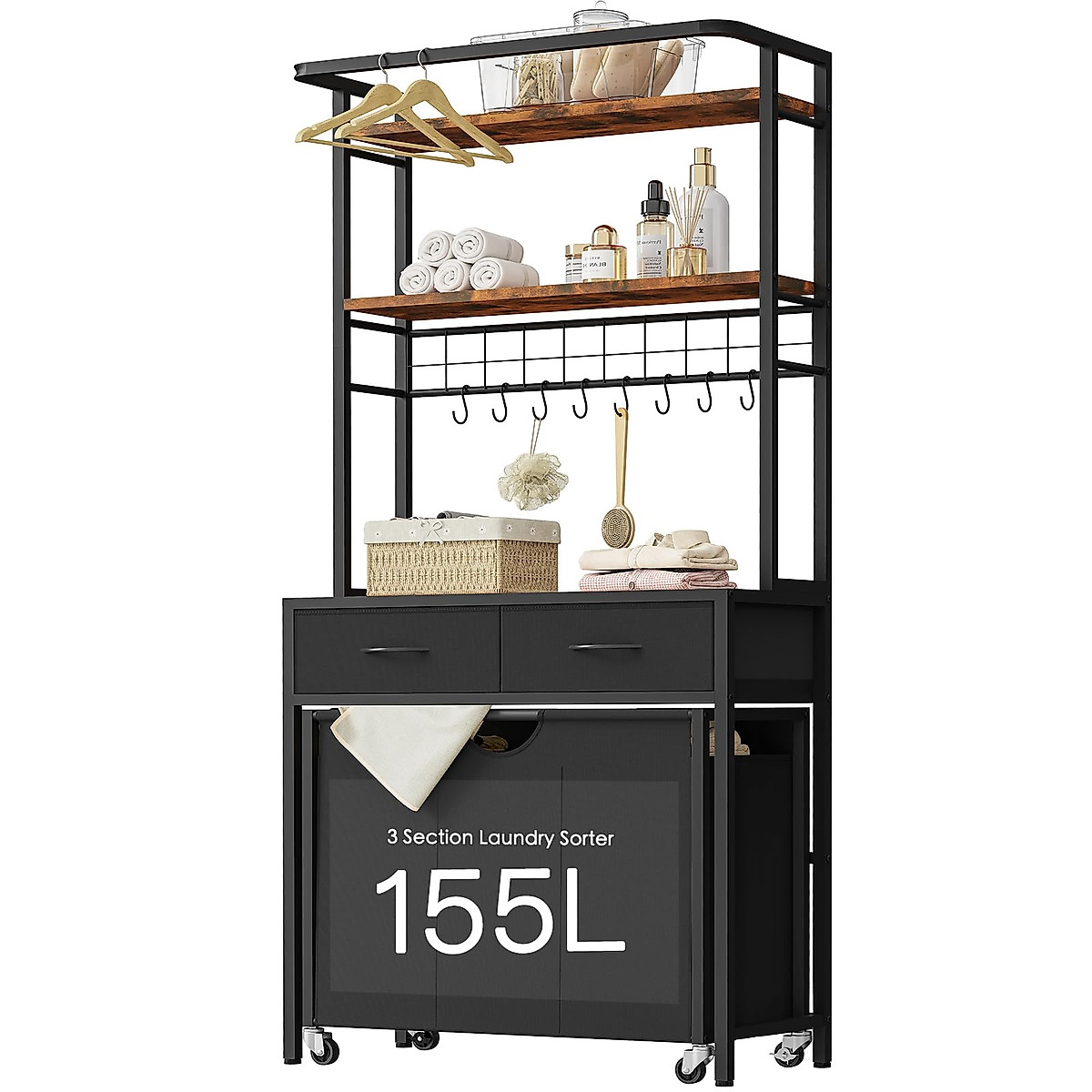 TEENFON Laundry Sorter, Rolling Laundry Hamper with 3 Section Pull-Out Bags, Laundry Basket Organizer with 2 Drawers, Laundry Hamper with Shelves and 8 Hooks for Laundry Room, Bathroom, Bedroom