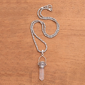 NOVICA Artisan Handmade Quartz Pendant Necklace Balinese Sterling Silver Crystal Indonesia Gemstone Floral Birthstone [19.75 in L 3 mm W Pendant(s) 2.4 in H x 0.6 in W x 0.4 in D] ' Crystal Amulet'