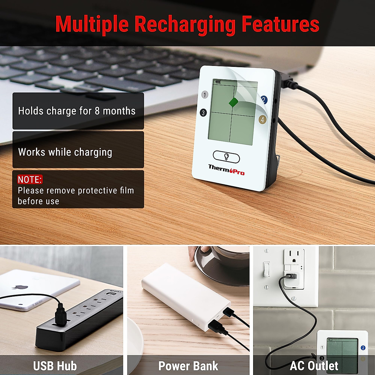 ThermoPro TP25 500ft Wireless Bluetooth Meat Thermometer with 4 Temperature Probes Smart Digital Cooking BBQ Thermometer for Grilling Oven Food Smoker Thermometer, Rechargeable