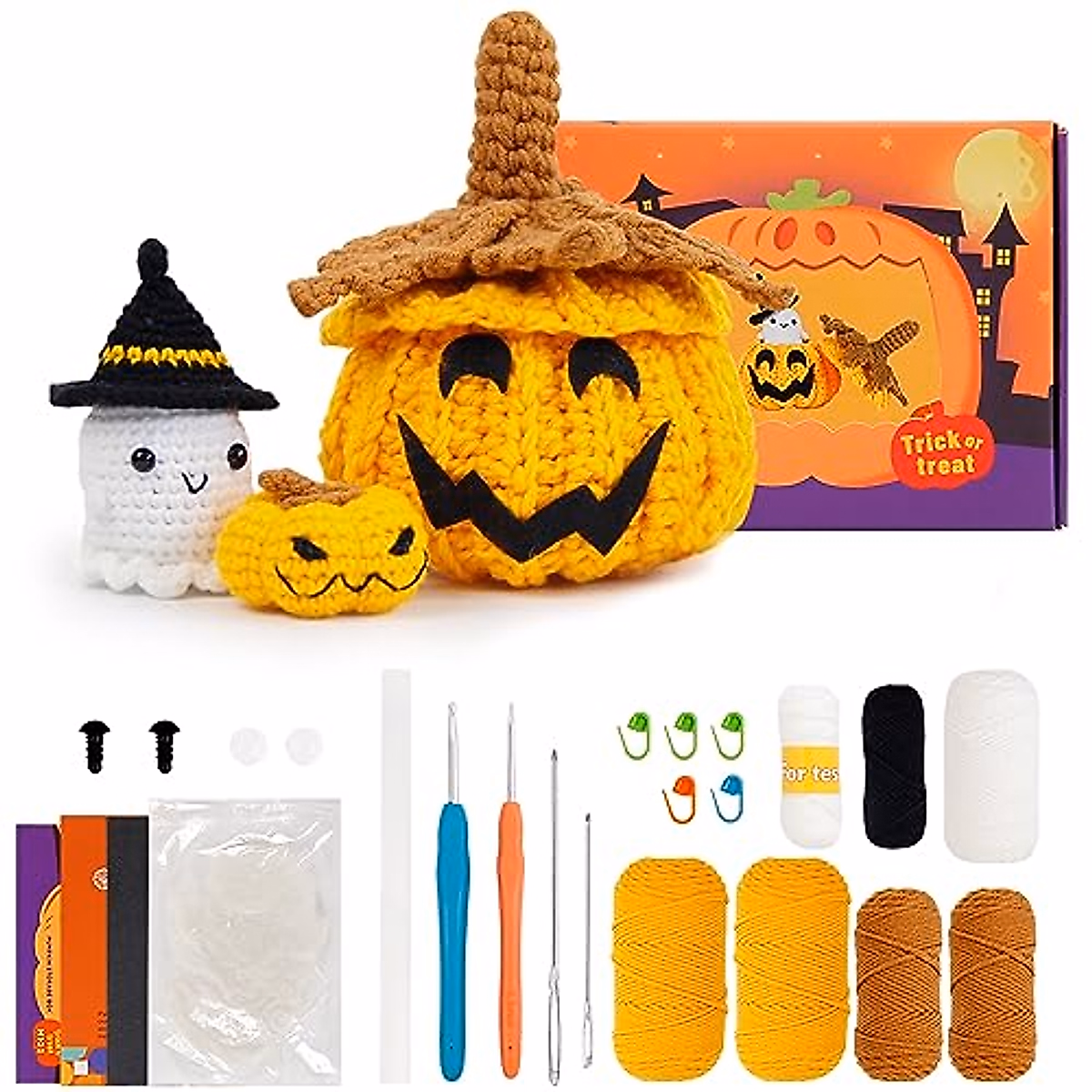 Blyrbnom Crochet Kit Beginners for Adults,Crochet Animals Kits with Step-by-Step Video Tutorials for Kids,Crochet Starter Kit for Beginners,DIY Knitting Supplies (Pumpkin Elf)
