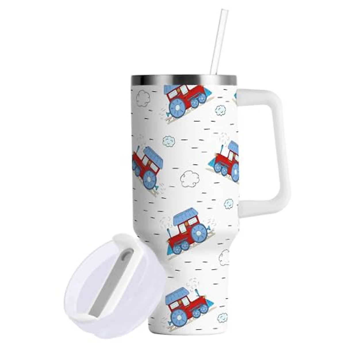 Caikeny Insulated Tumblers with Lid and Straw Cute Hand Drawn Seamless Pattern with Cartoon Trains 40 oz Reusable Stainless Steel Cup Water Bottle Coffee Travel Tumbler Mug for Women Men