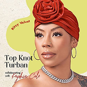 Red by Kiss X Keyshia Cole Top Knot Turban Ritzy Velvet Turban Head Wrap, Pre-Tied Bonnet Beanie Cap (Black)