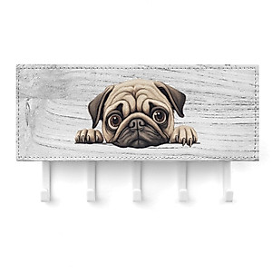 Pug Key Holder for Wall, Dog Mom Gift Mail Holder and Key Rack for Entryway,Rustic Key Hangers with 5 Hooks, Wall Mount for Entryway, Mudroom, Hallway