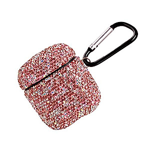 Sparkly Diamond Case for AirPods with Keychain, Shockproof Protective Premium Bling Rhinestone Cover Skin Compatible with AirPods Charging Case 2 & 1(Pink+AB C6)