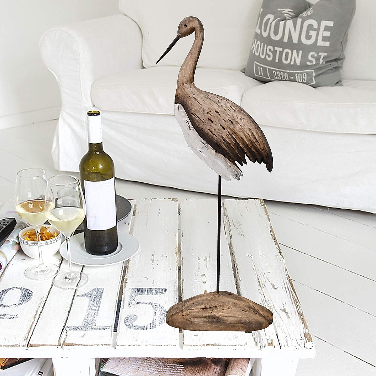 K KILIPES Rustic Heron Statue Bird Sculpture Wood Crane Figurines Home Decor Decorative Animal Crane Statue Garden Decor