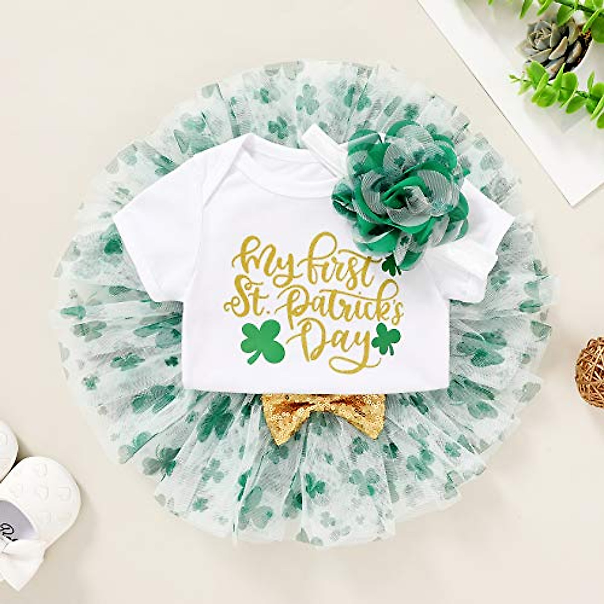Newborn Infant Baby Girl My 1st St. Patrick's Day Outfit Short Sleeve and Tutu Dress Clove Clothes Set (Green-c, 0-3 Months)