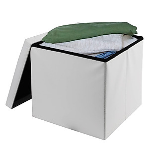 DEARYOU White Storage Ottoman Cube, Folding Storage Ottoman Square, Small Foot Rest Ottoman with Foam Padded Seat, 15 Inches Faux Leather (White,2pcs)