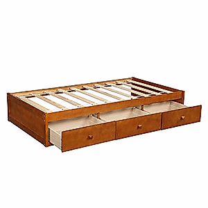 Twin Size Bed with 3 Storage Drawers, Solid Wooden Twin Platform Bed with Support Slats, Twin Bed Frame for Kids Teens, No Box Spring Needed (Twin, Oak)