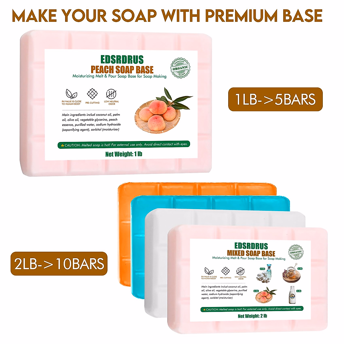 EDSRDRUS Scent Soap Base DIY Handmade Soap with Goat Milk/Honey/Peach/Cologne/Shea Butter/Aloe Vera/Oatmeal Milk & Coconut Oil, Moisturizing Melt and Pour Soap Base for Soap Making